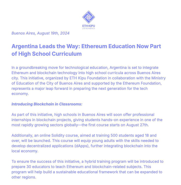Ethereum and Solidity are now formally integrated into high school education programs in Buenos ...