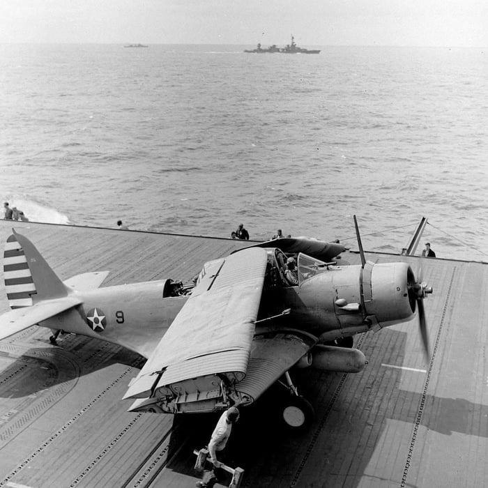 Douglas TBD Devastator with torpedo loaded on USS Enterprise CV-6 ...