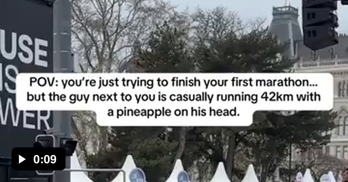 An older gentleman running a marathon with a pineapple on his head - 9GAG