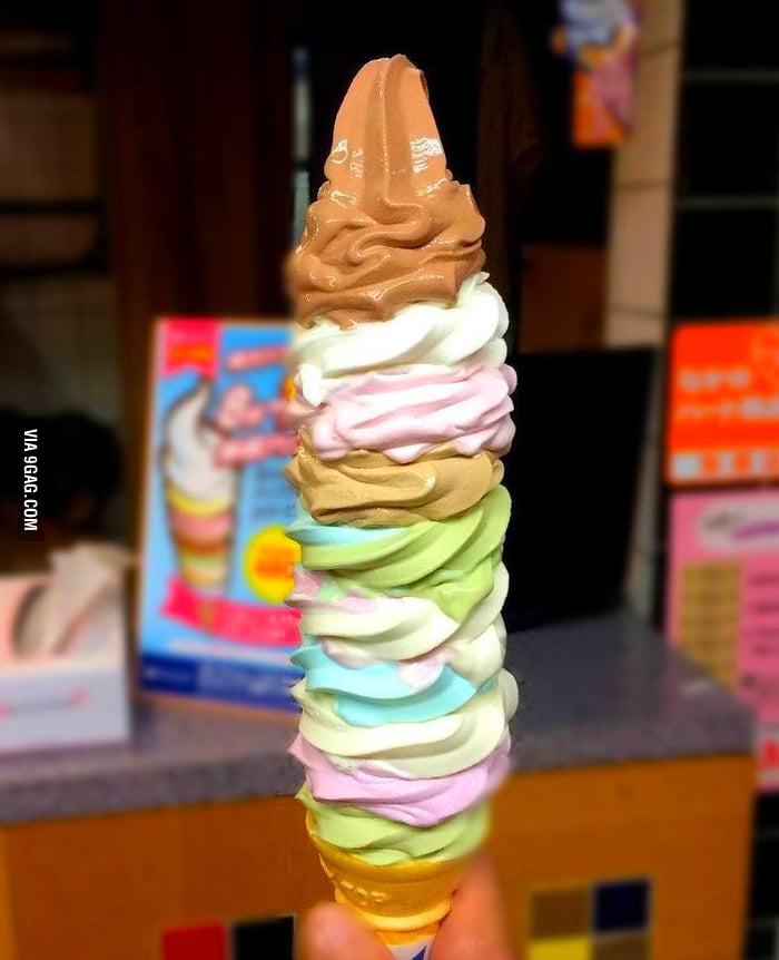 Ten layers of soft-serve ice cream in a single cone. - 9GAG