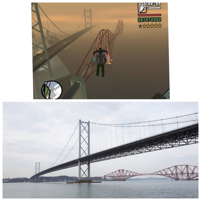 These 2 bridges in GTA San Andreas are based on the Forth Bridges in Scotland! - 9GAG