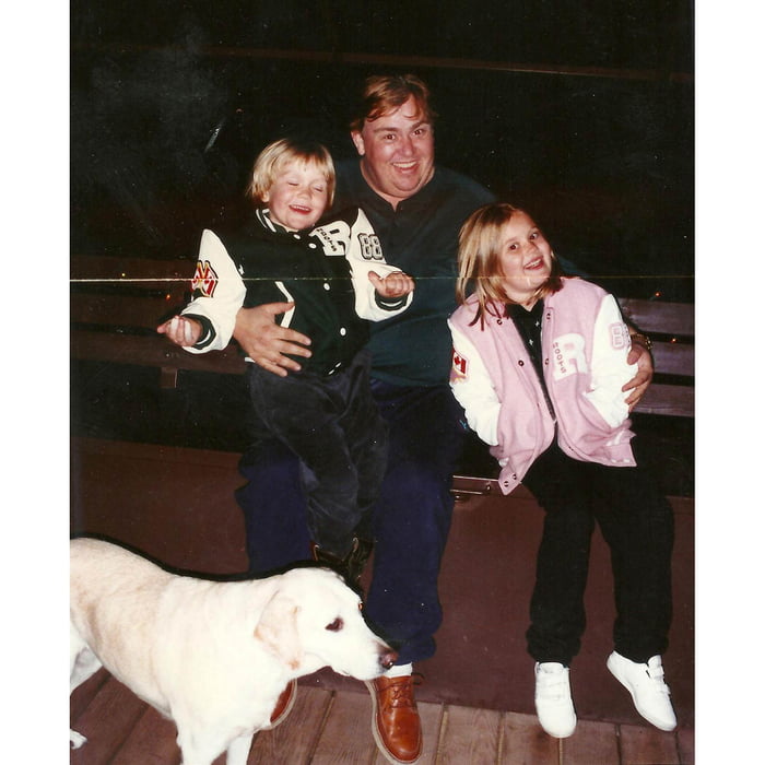 John Candy with his kids, Christopher and Jennifer, in 1989. Their dog ...