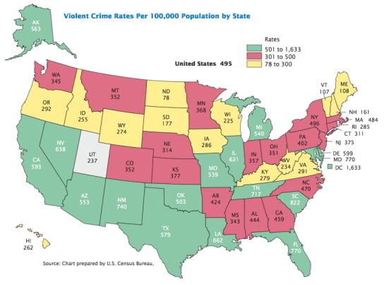 The Color Scale of this Map: Green= High Crime, Red = Moderate, Yellow ...