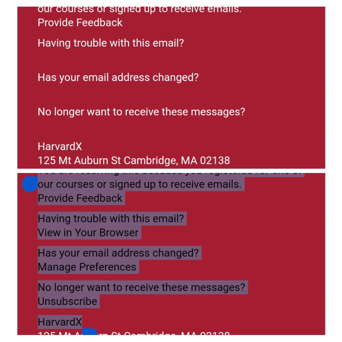 Harvard emails unsubscribe link blending in to the background - 9GAG