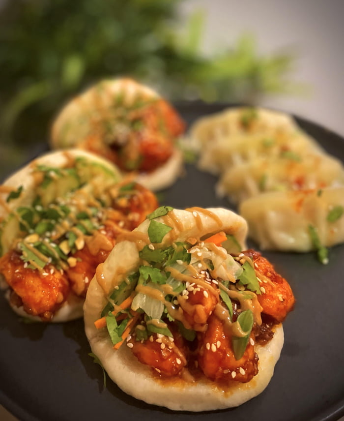 Asian fusion bao buns! Topped with korean gochujang fried chicken ...