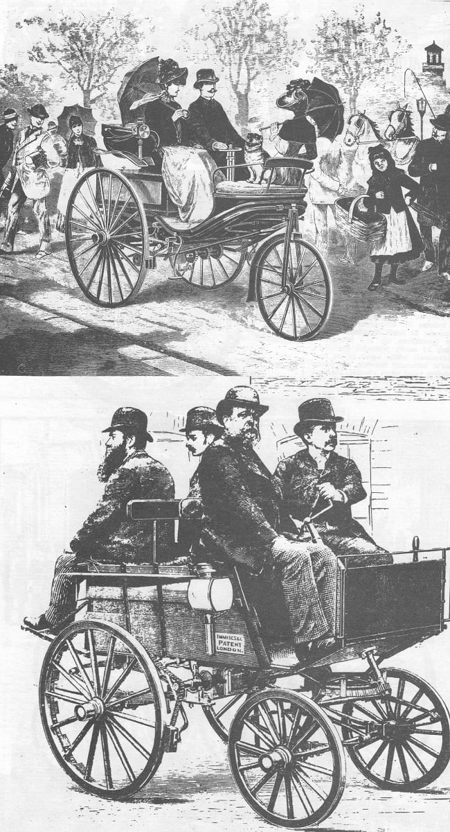 Gas-powered vehicle above (1889) and electric vehicle below (1888 ...