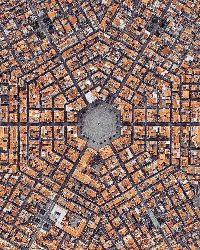 The hexagonal town, in province of Catania, Italy, was founded in 1693 ...