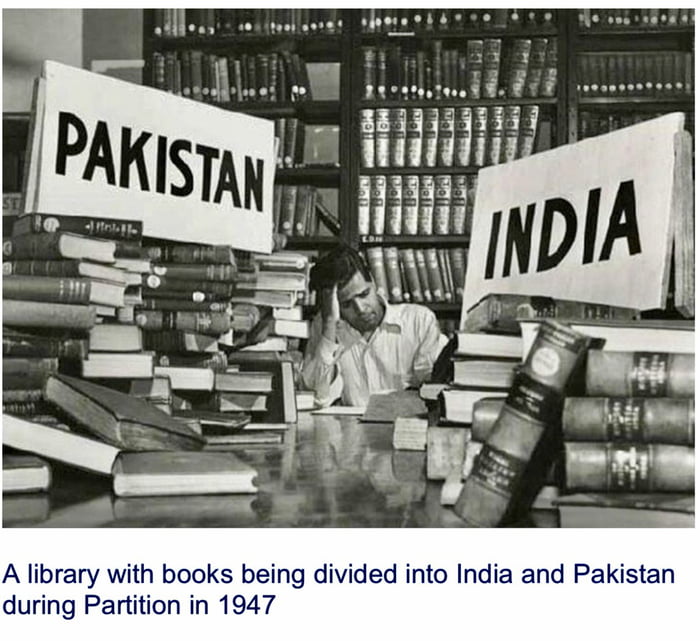 A librarian dividing the books going to India and Pakistan after the ...
