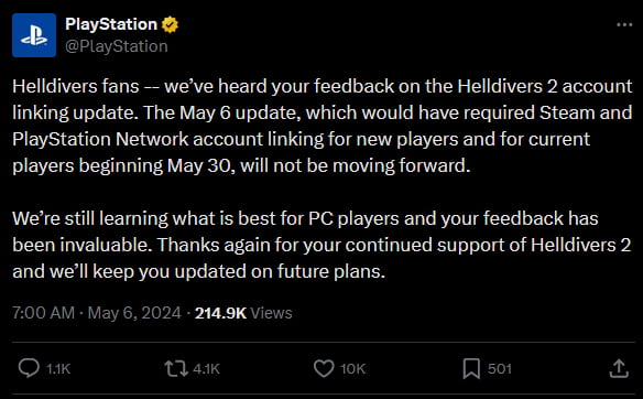 Sony officially went back on their Helldivers 2 PSN requirement - 9GAG