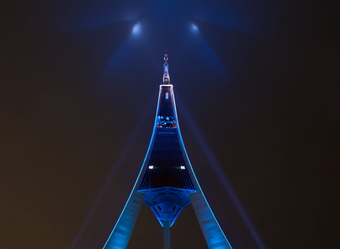Riga TV Tower at Night, looks pretty nice and pure evil at the same time. - 9GAG